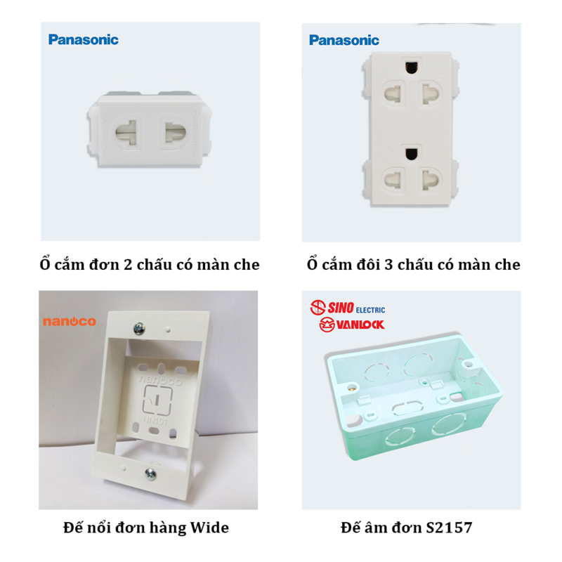 Bộ công tắc, ổ cắm Panasonic, mặt thiết bị, đế âm, đế nổi dòng Wide ...